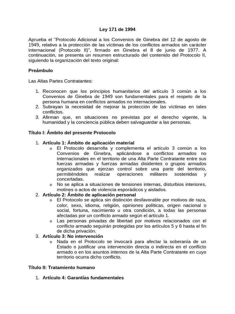 Ley 171 de 1994: Protocolo II Ginebra | PDF | Convenios de Ginebra ...