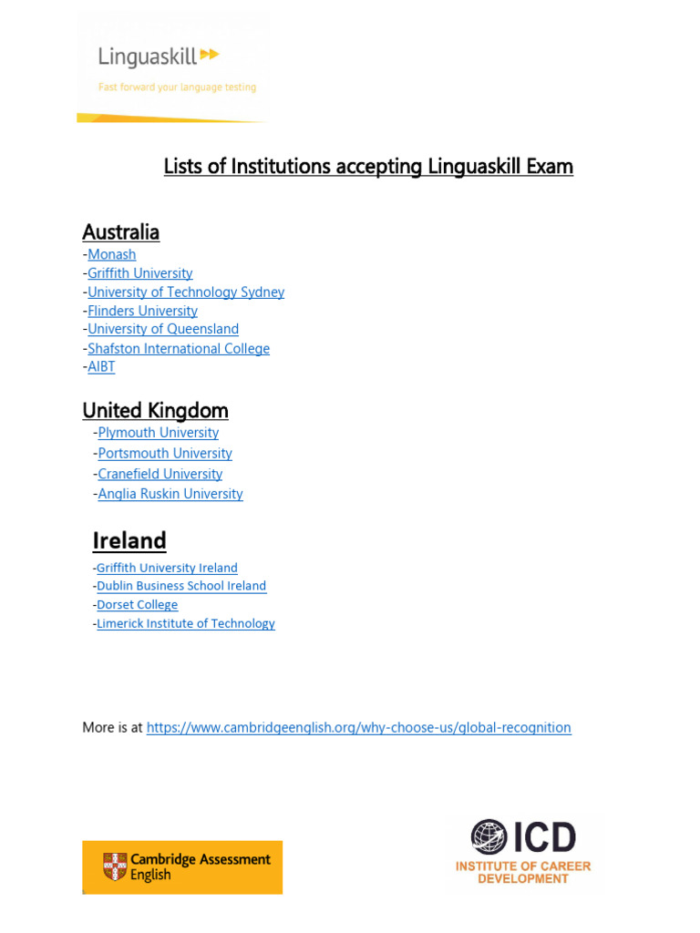 Lists of Institutions Accepting TOEFL Home Edition Linguaskill and Language Cert Exam | PDF ...