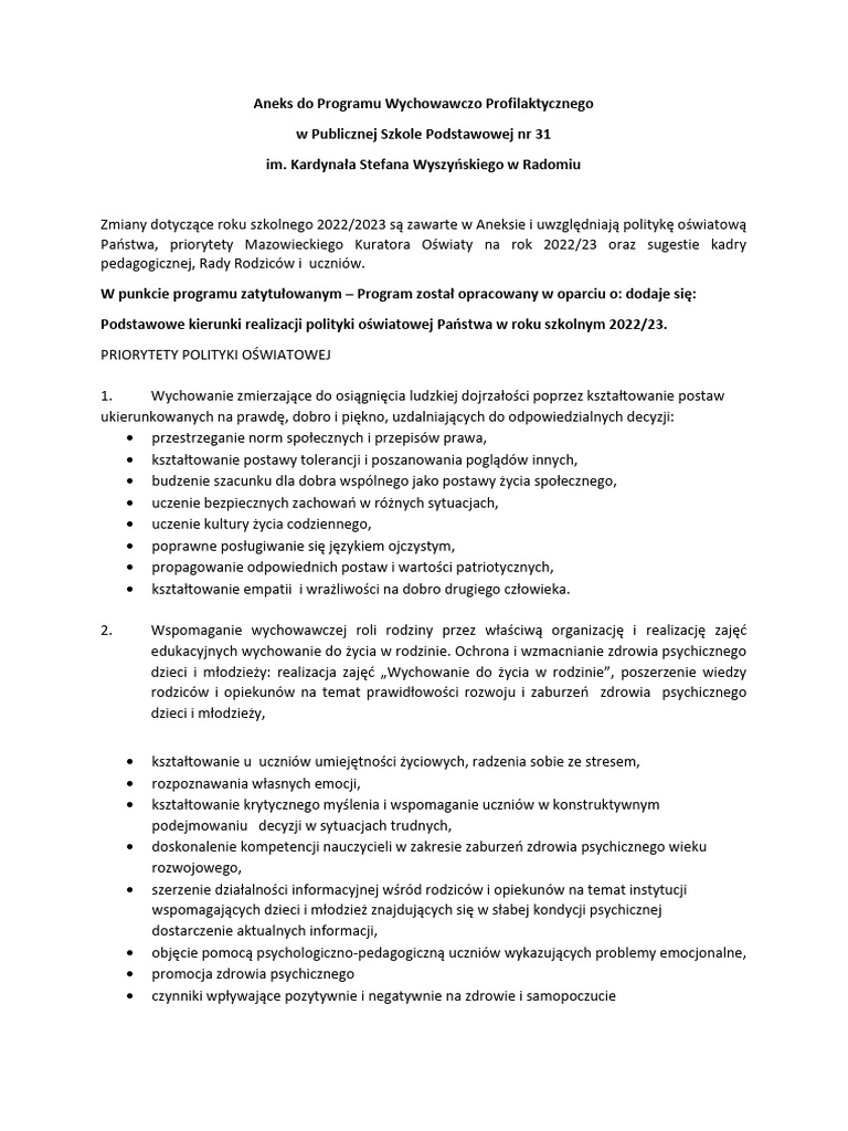 Aneks Do Programu Profilaktycznego PSP 31 1 - 2 | PDF