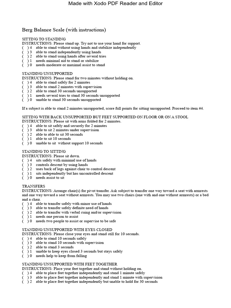 Berg Balance Scale Instructions | PDF | Chair | Foot