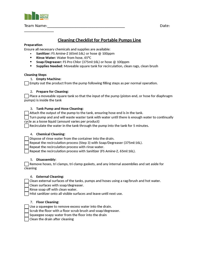 Cleaning Checklist For Portable Pumps Line | PDF