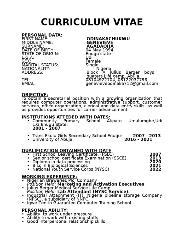 Odinakachukwu Genevieve Agadaoha CV | PDF