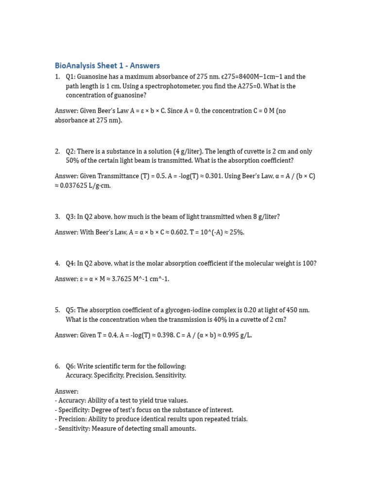 BioAnalysis Sheet: Spectrophotometry Basics | PDF | Spectrophotometry ...