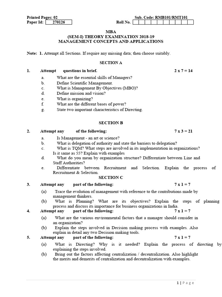 Mba 1 Sem Management Concepts and Applications Rmb101 2019 | PDF | Science