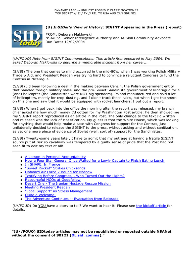 SIGINT Leak to Press in 1980s | PDF | Contras | National Security