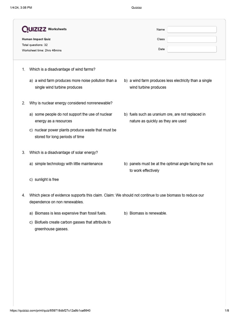 Human Impact Quiz: 32 Questions | PDF | Renewable Energy | Pollution