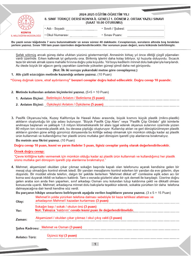 Ca Odm 8 Sinif Turkce 1 D 2 o y Sinavi 10 00 Oturumu | PDF