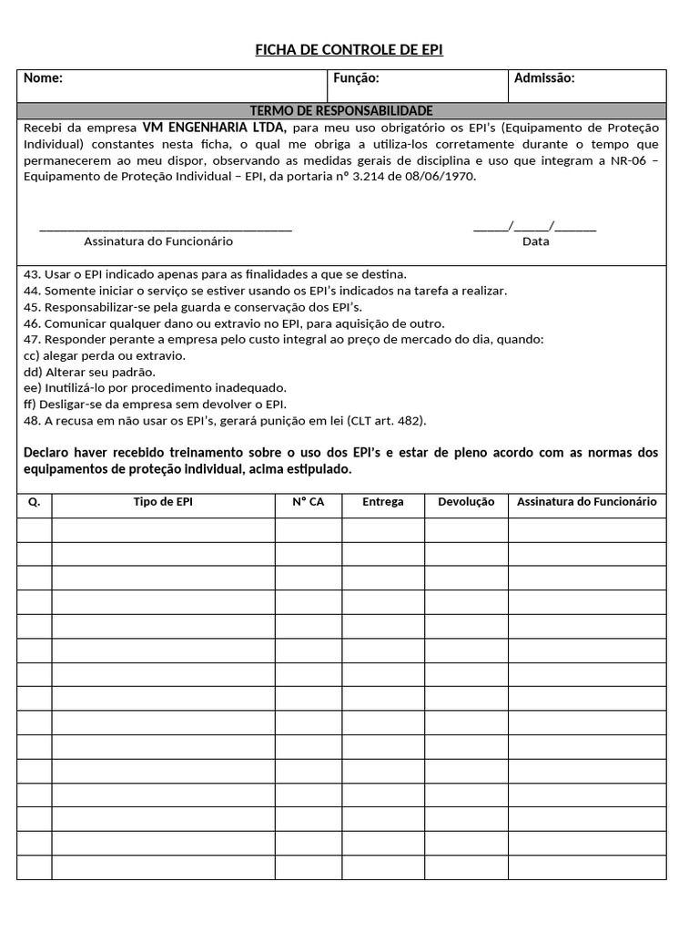 FICHA DE CONTROLE DE EPI (1) | PDF