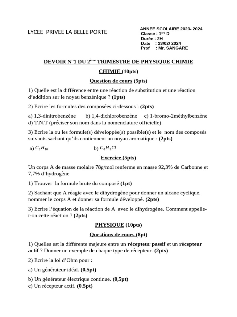 1PC 1ère | PDF | Puissance (physique) | Grandeur physique