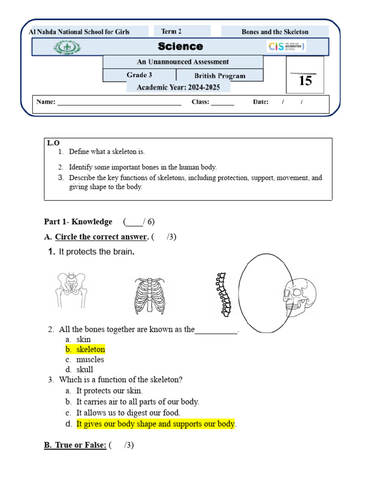Answer Key-Bones and The Skeleton Un Announced Assessment | PDF ...