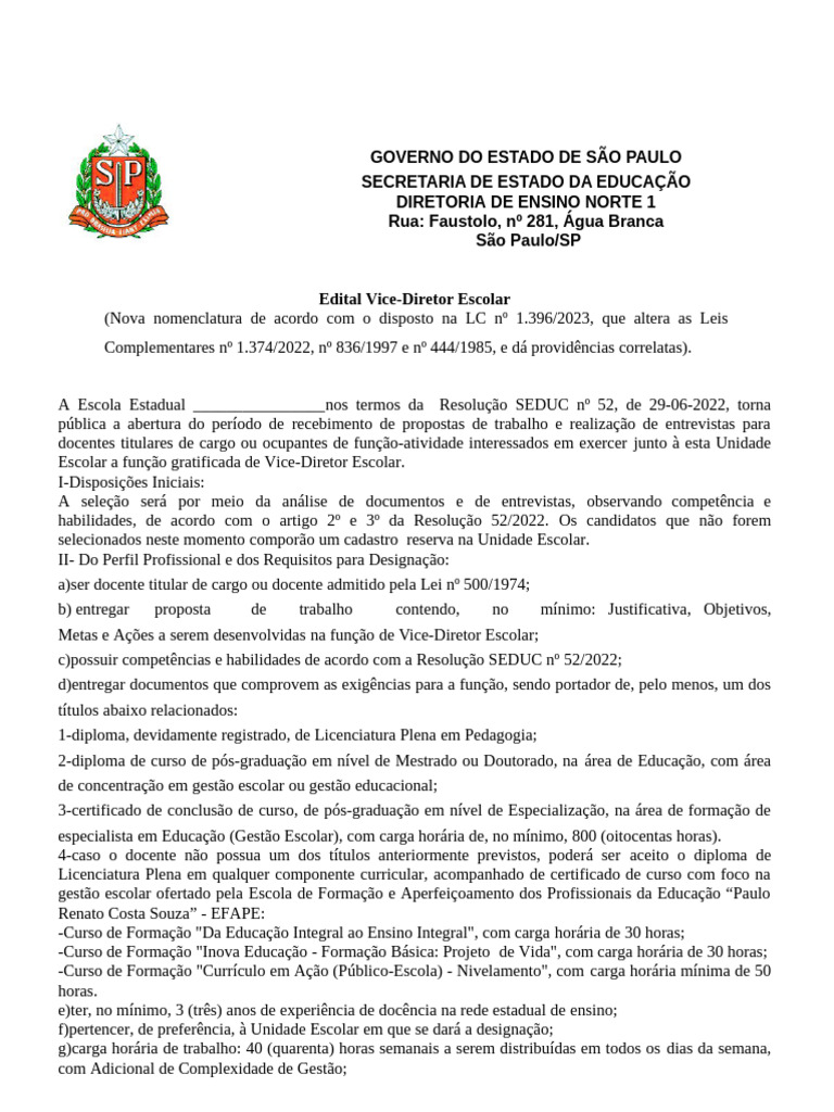 Edital Vice Diretor Escolar 15 01 2024 - Modelo - nt1 | PDF | Pós ...