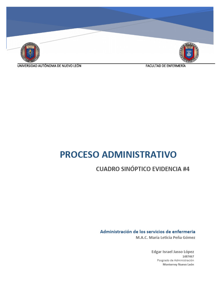 Administración de Los Servicios de Enfermería Cuadro Sinoptico Proceso Administrativo Actividad ...