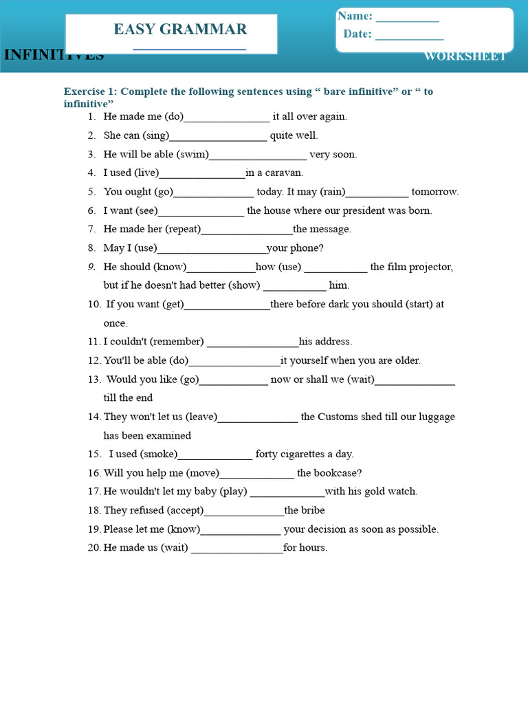 Infinitives - Worksheet 1 | PDF