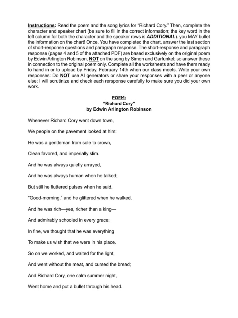Richard Cory Poem and Song Worksheets | PDF