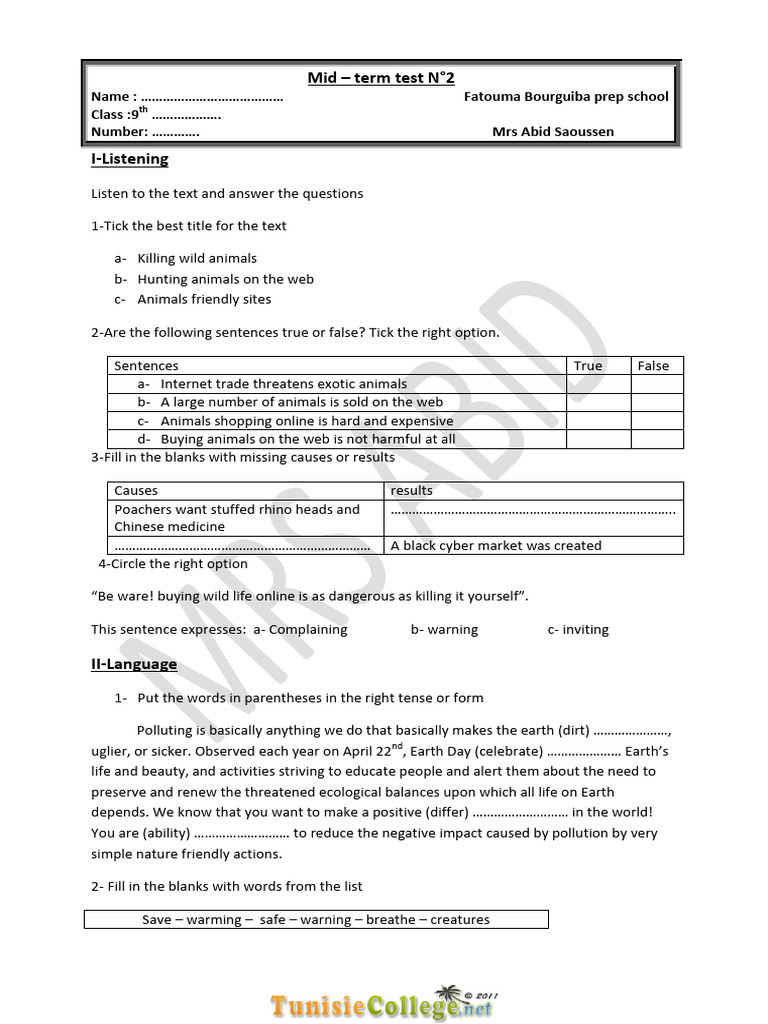 Devoir de Contrôle N°2 - Anglais - 9ème (2010-2011) Mme Sawsen Abid | PDF | Endangered Species ...