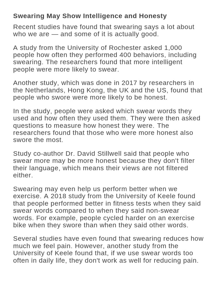 Swearing May Show Intelligence and Honesty | PDF