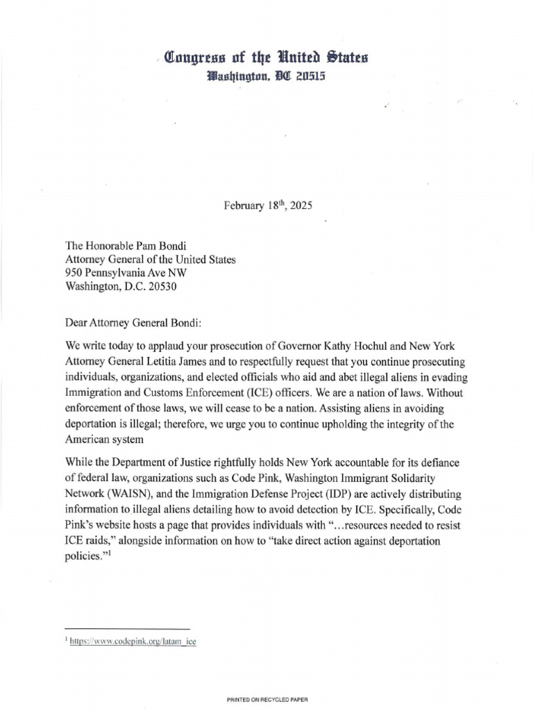 House Republicans' Letter To AG Pam Bondi | PDF