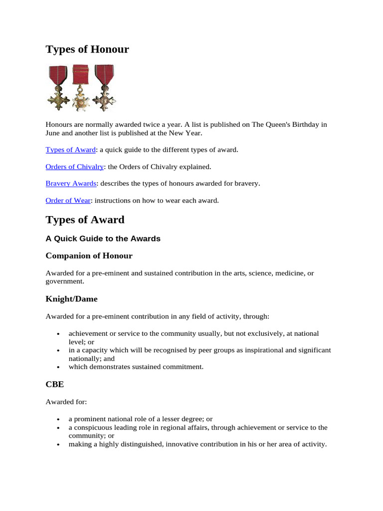 Types of Honour | PDF | Order Of The British Empire | Chivalry