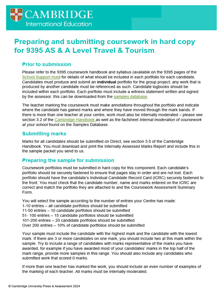 9395 Travel & Tourism Coursework Guide | PDF