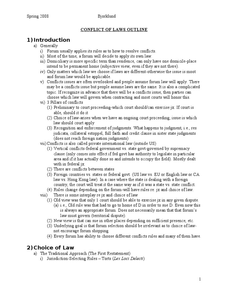 Conflict of Laws Outline | PDF | Choice Of Law | Tort