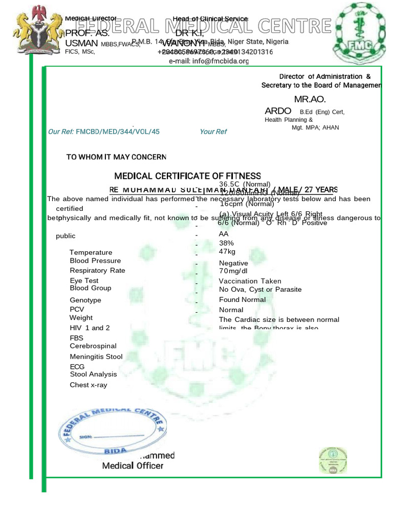 Medical Fitness Certification Report | PDF