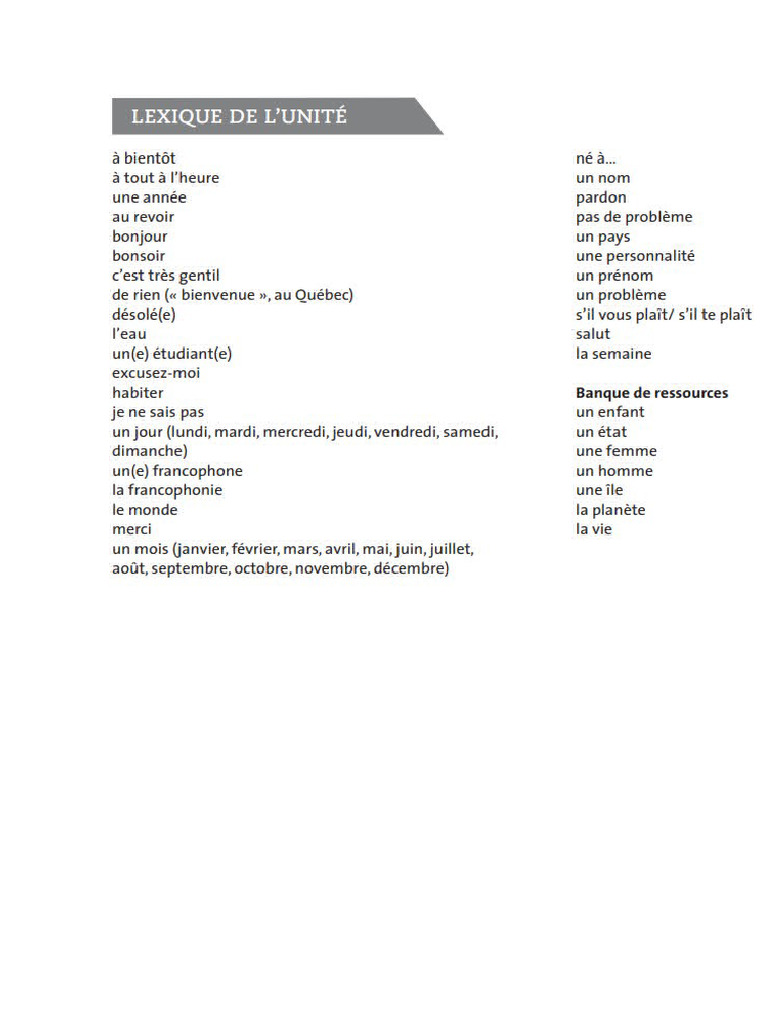 Odysée Lexique Unité 0 A1 | PDF