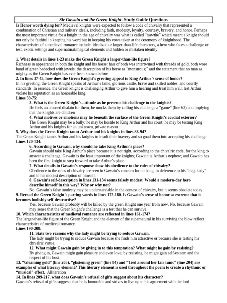 Sir Gawain and The Green Knight Study Guide Key | PDF | Green Knight ...