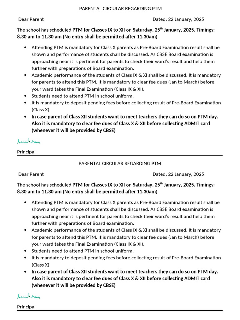 Parental Circular Regarding PTM 25january - 23012025 - 152419 | PDF ...