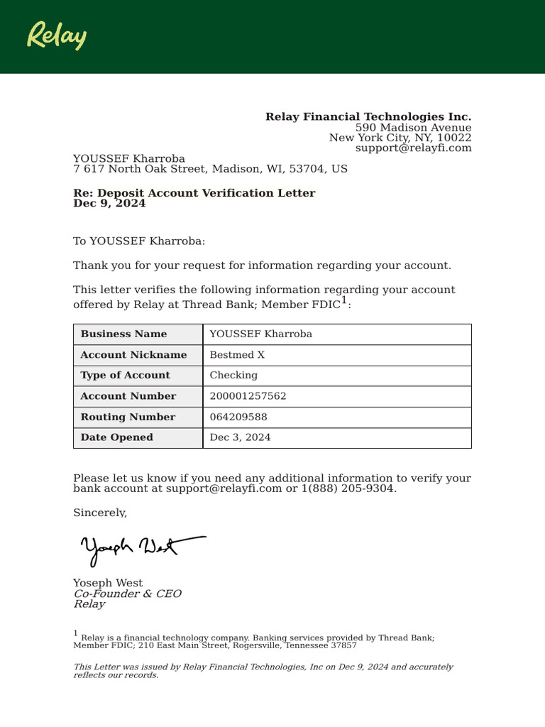 Relay Bank Verification Letter For YOUSSEF Kharrob - 241209 - 020344 | PDF