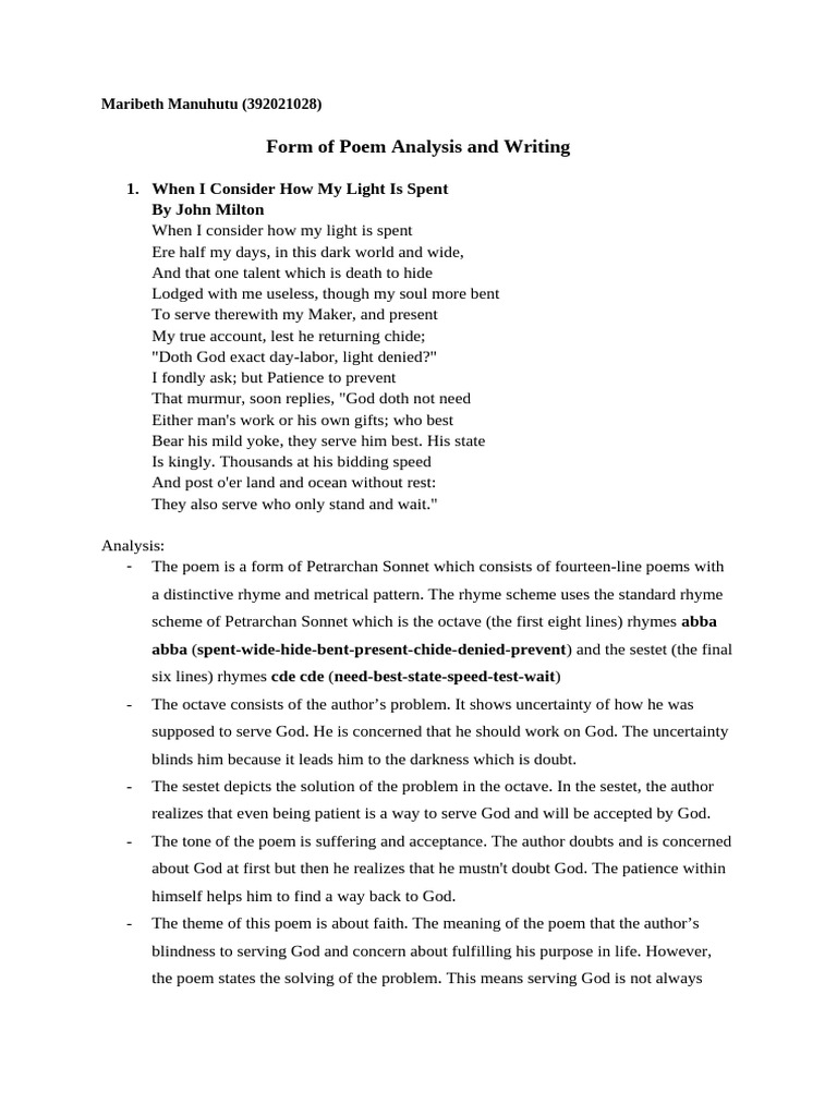 FORM OF POEM ANALYSIS AND WRITING TASK | PDF | Poetry | Phonaesthetics