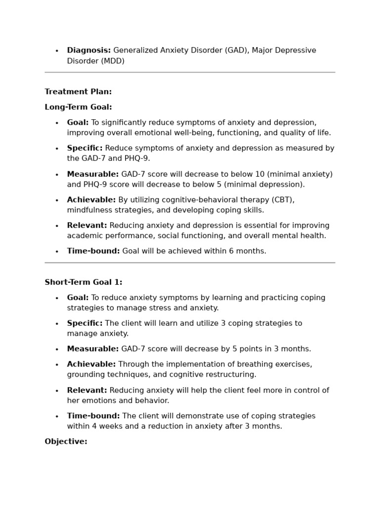 GAD and MDD Treatment Plan Overview | PDF | Anxiety | Major Depressive ...