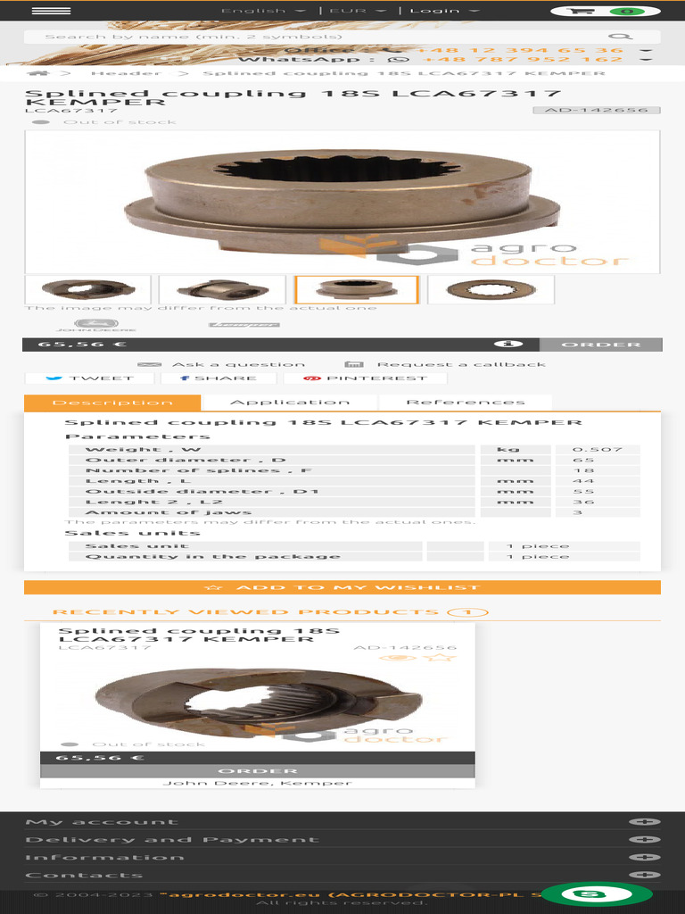Splined Coupling 18S LCA67317 KEMPER OEMLCA67317 For John Deere, Kemper, Order at Online Shop ...