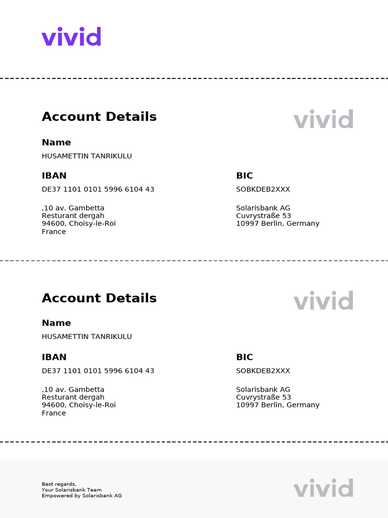 Vivid Money Account Details 0443 | PDF