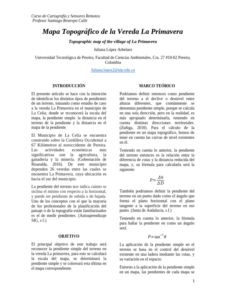 Mapa Topográfico de la Vereda La Primavera | PDF | Pendiente | Mapa