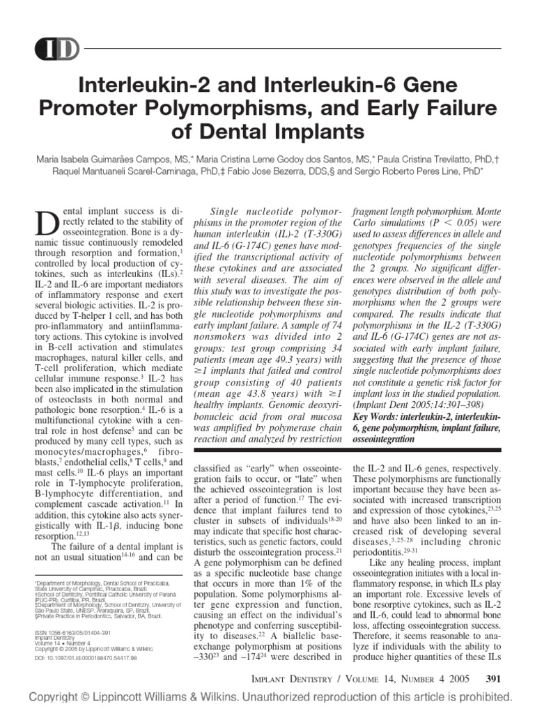 Interleukin-2 and Interleukin-6 Gene Promoter Polymorphisms, and Early Failure | PDF | Single ...