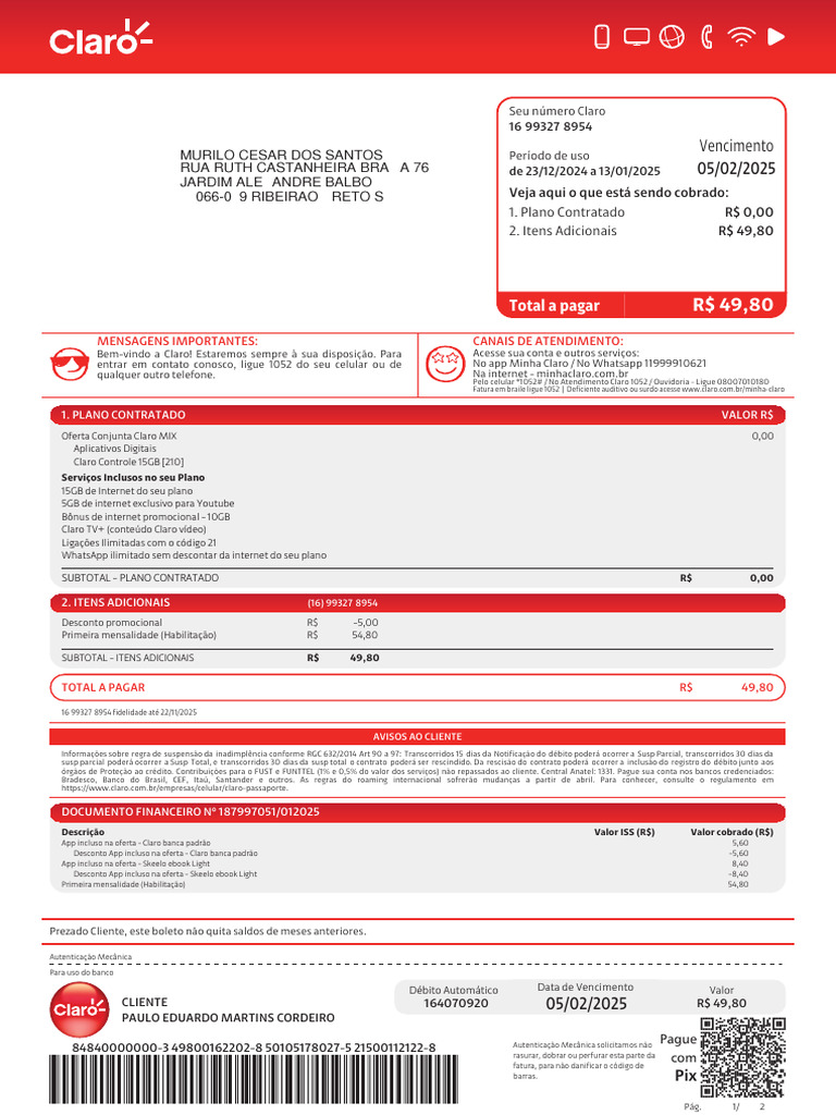 Fatura Claro: Detalhes e Valores 2025 | PDF | Internet | Bancos