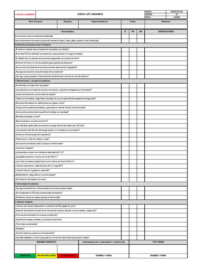 Checklist de Inspección de Andamios 2024 | PDF | Andamio