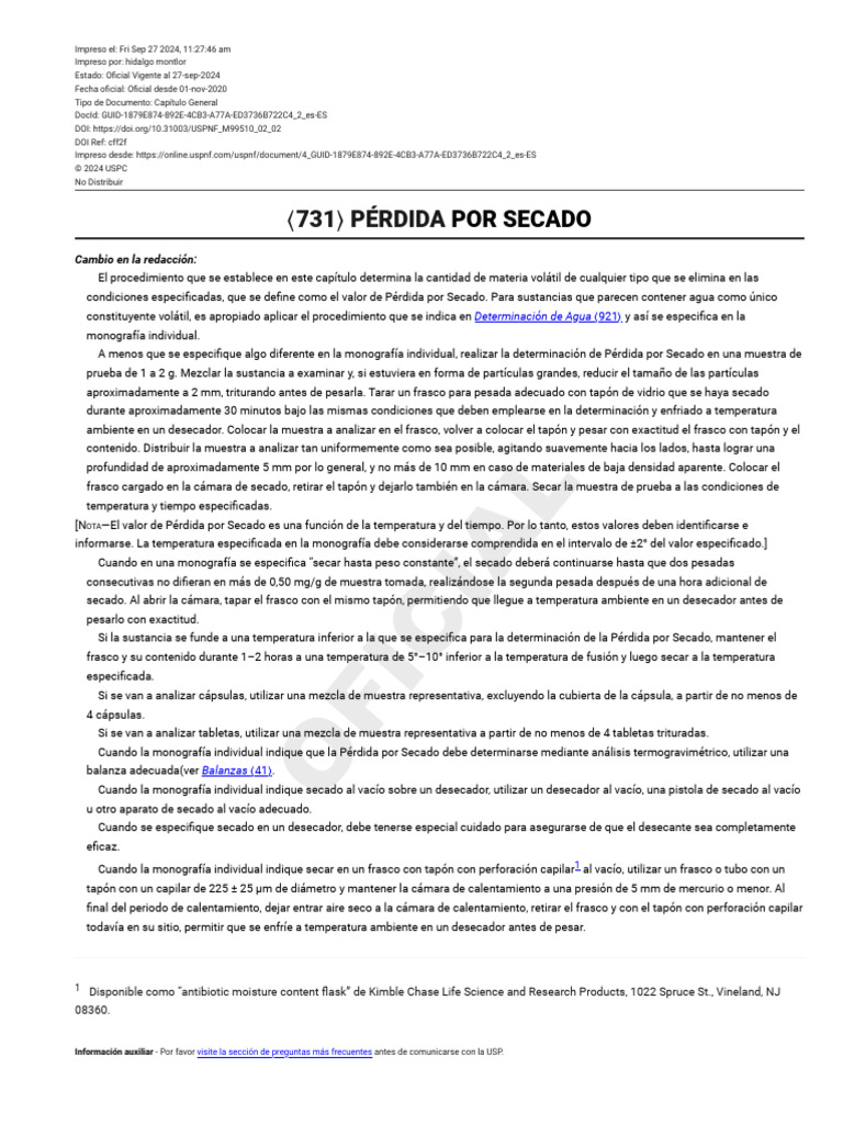Pérdida por Secado según USP | PDF