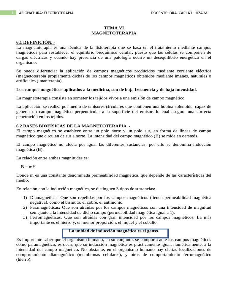 TEMA VI MAGNETOTERAPIA | PDF | Magnetismo | Potencial de membrana