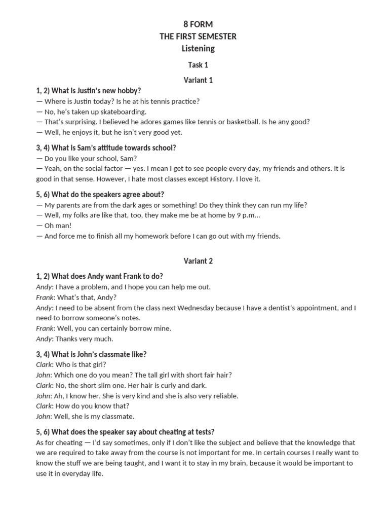8 Form Listening Comprehension 1st Semester v1 | PDF