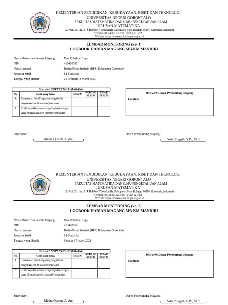 Lembar Monitoring Logbook Per Dua Pekan | PDF