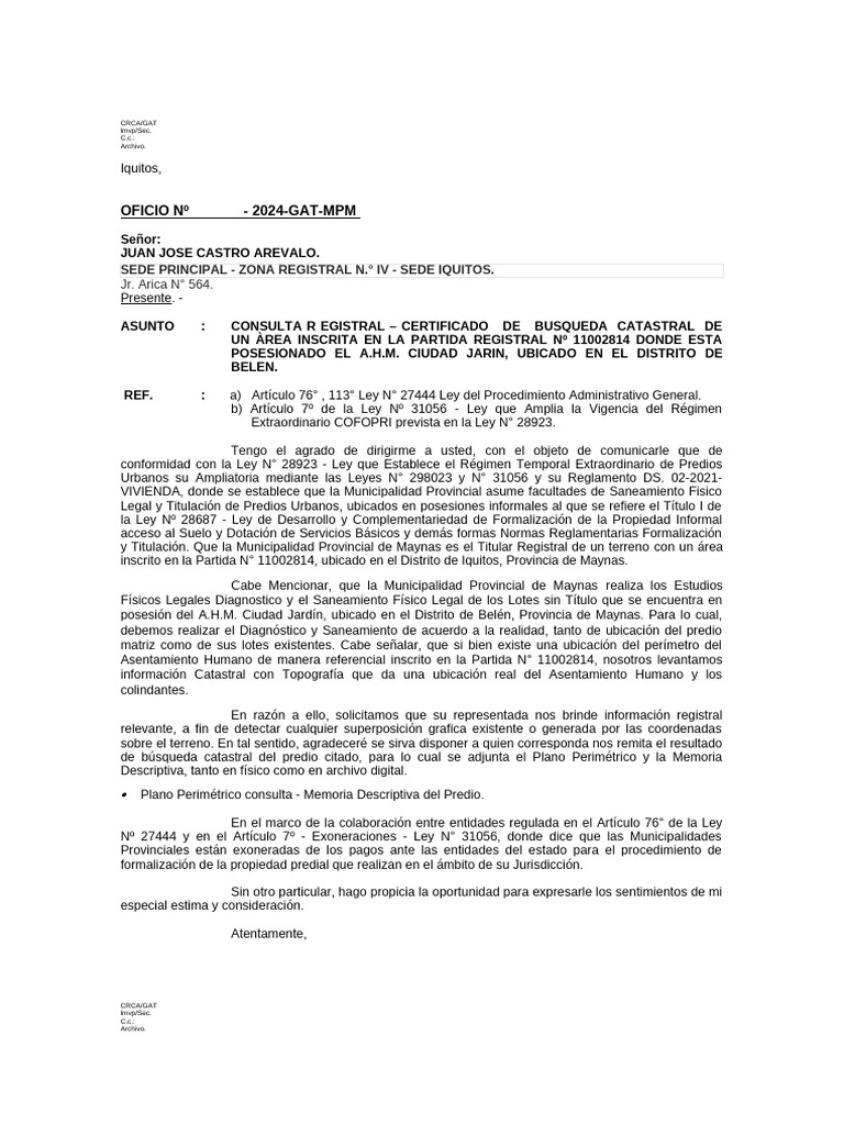 oficio consulta registral de municipalidades para asentamientos humanos inscritos de manera ...