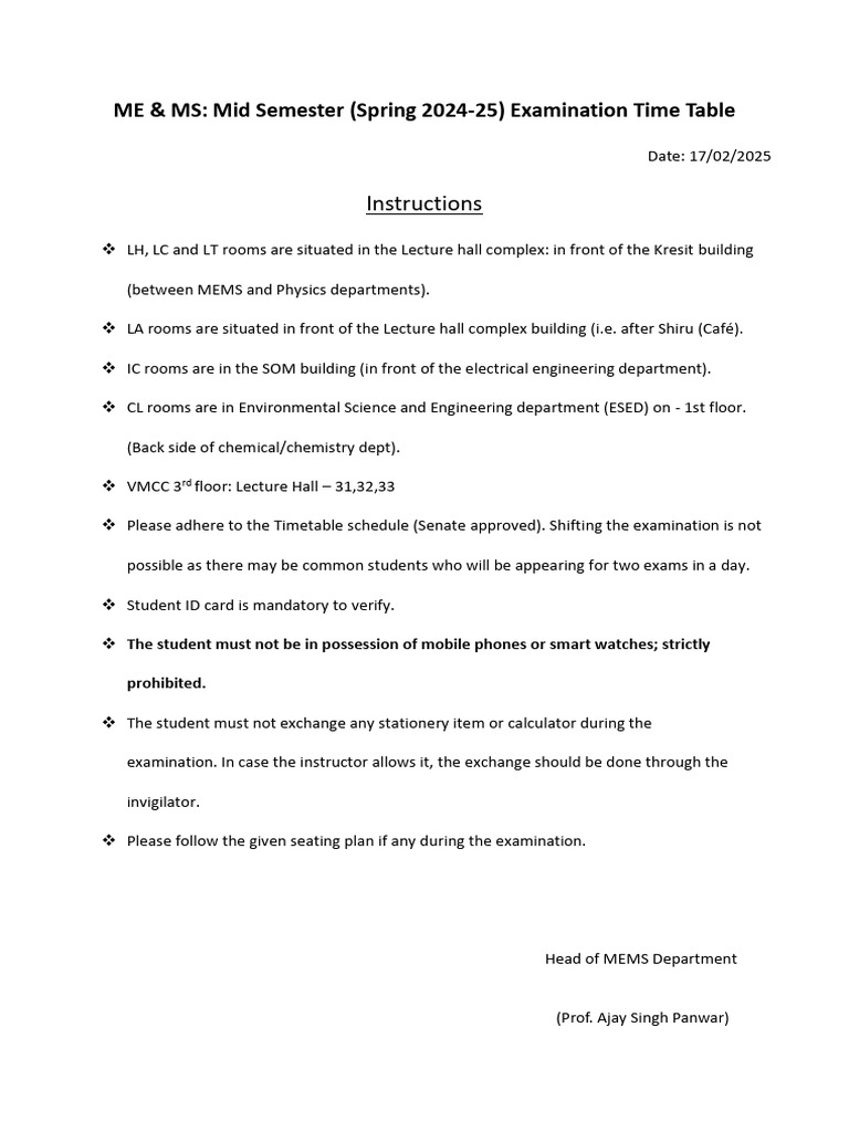 ME&MS Mid Semester (Spring 2024-25) Examination Time Table | PDF