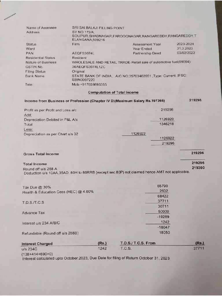 ITR - 2022-23 (Sris Sai Balaji) | PDF