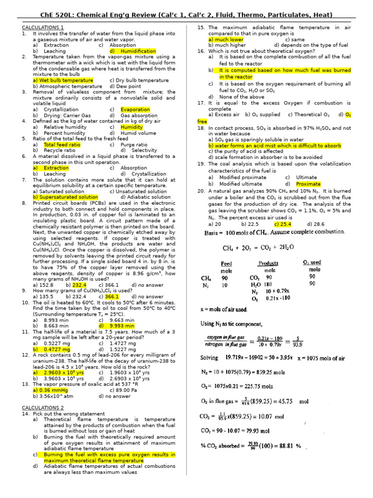 10 0 2016 PRELIM EXAM ANS KEY Sol N Cal C 1 2 Thermo Fluid Parti Heat | PDF | Combustion ...