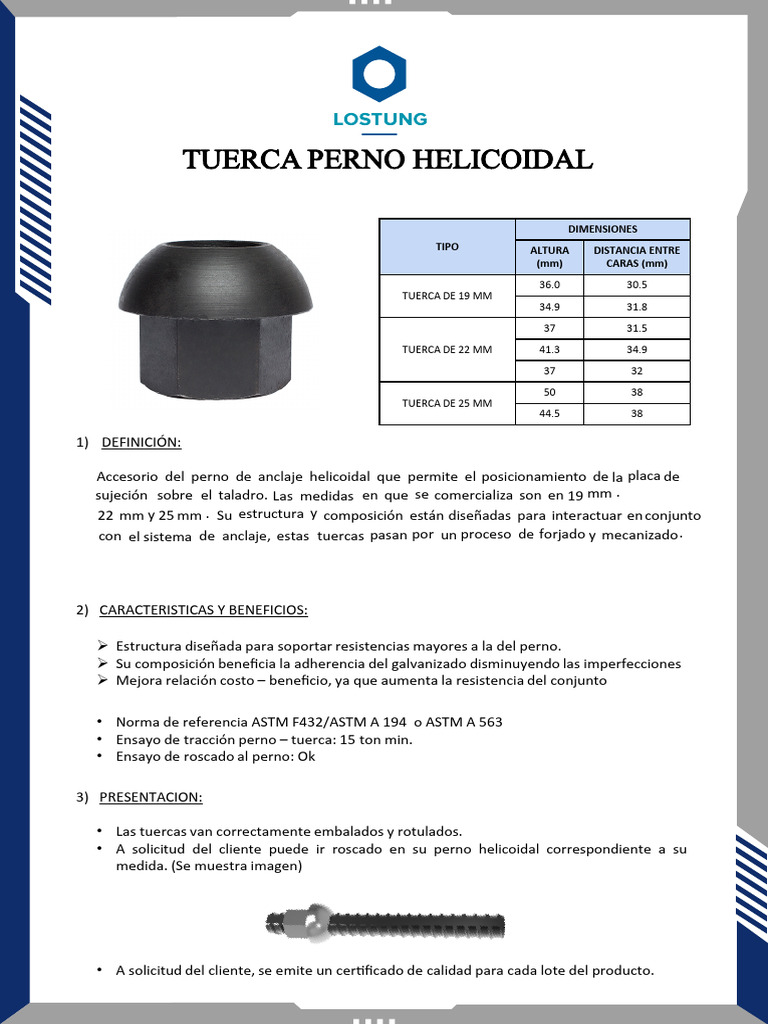 Ficha Tecnica de Tuerca para Perno Helicoidal | PDF