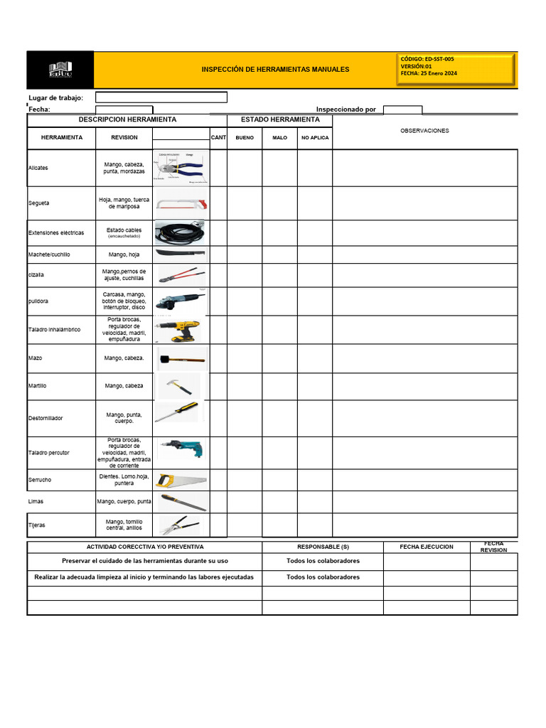 Inspección de Herramientas Manuales | PDF | Perforar | Herramientas