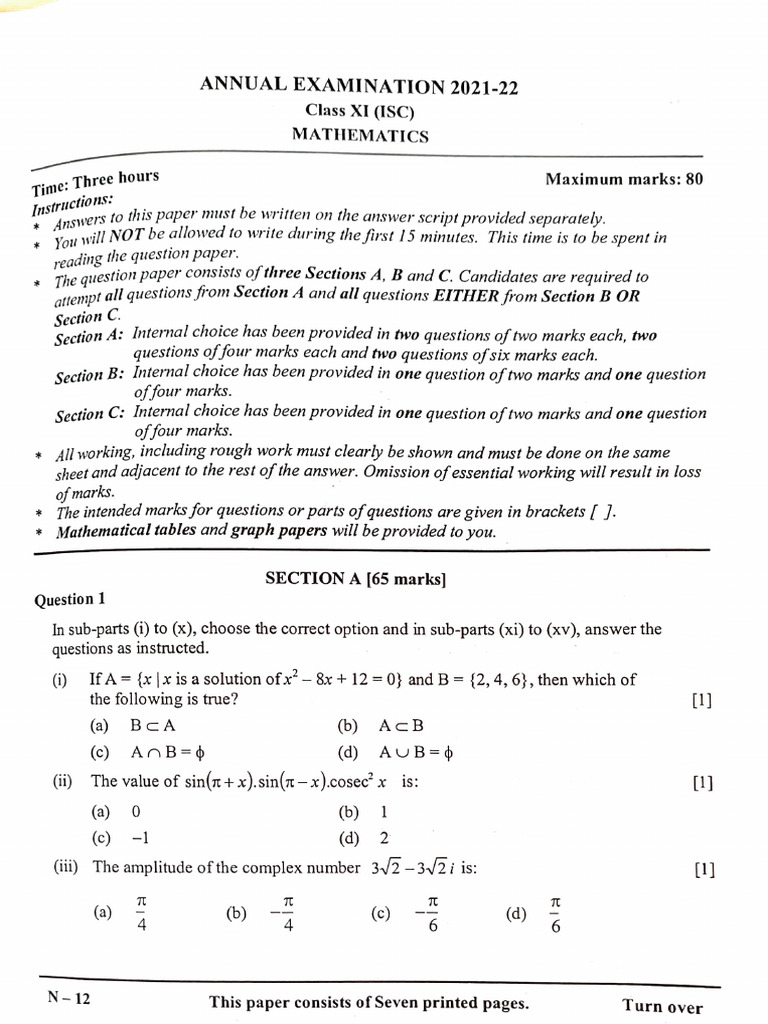 ISC Class XI Mathematics Exam Paper 2021-22 | PDF | Mathematical ...