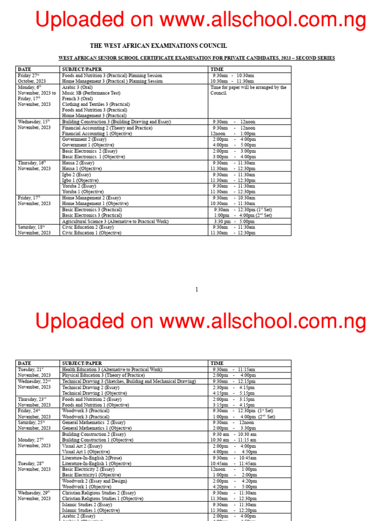 Waec Gce Second Series Timetable | PDF | Essays