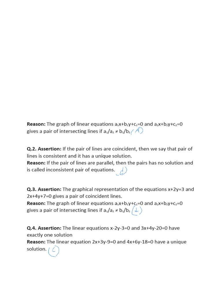 Chapter 3 - Assertion and Reason Questions | PDF | Equations | System ...